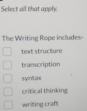 Solved: Select all that apply. The Writing Rope includes- text ...