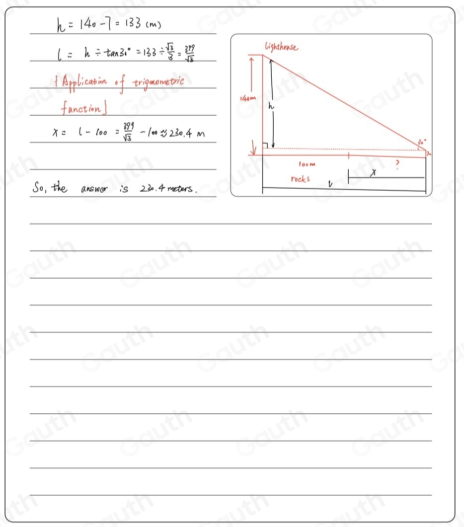 Solved: A lighthouse beacon is 140 meters above sea level. The waters ...