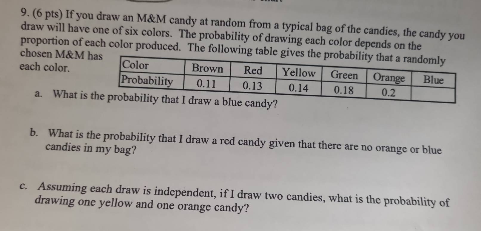 Solved: If you draw an M&M candy at random from a typical bag of the ...