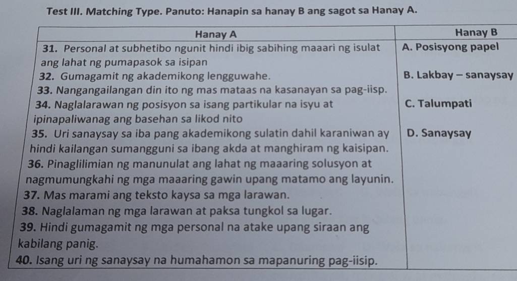Solved: Test III. Matching Type. Panuto: Hanapin sa hanay B ang sagot ...