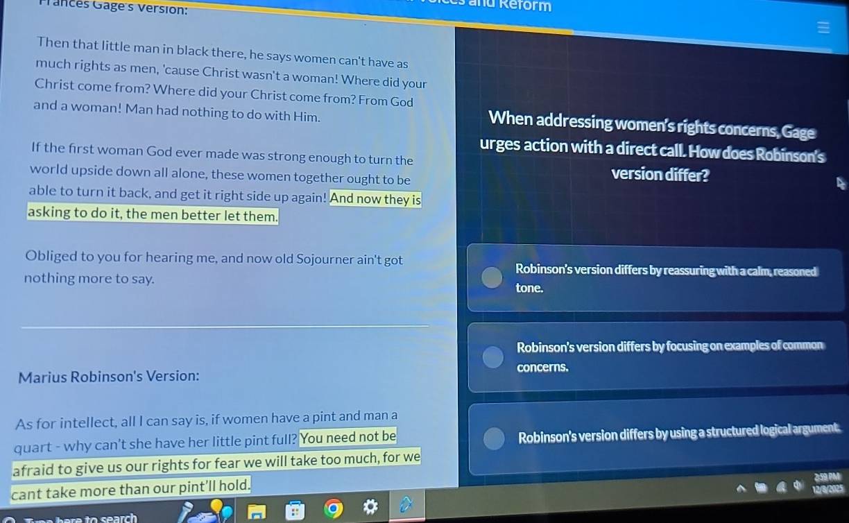Solved: es and Reform Frances Gage's version: Then that little man in ...