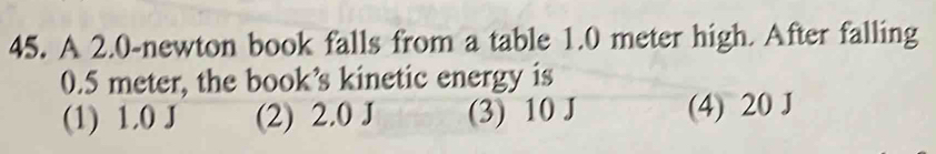 Solved: A 2.0-newton book falls from a table 1.0 meter high. After ...