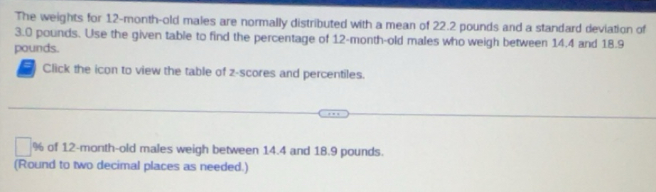 Solved: The weights for 12-month-old males are normally distributed ...