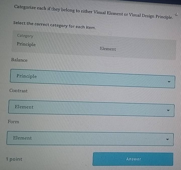 Solved: Categorize each if they belong to either Visual Element or ...