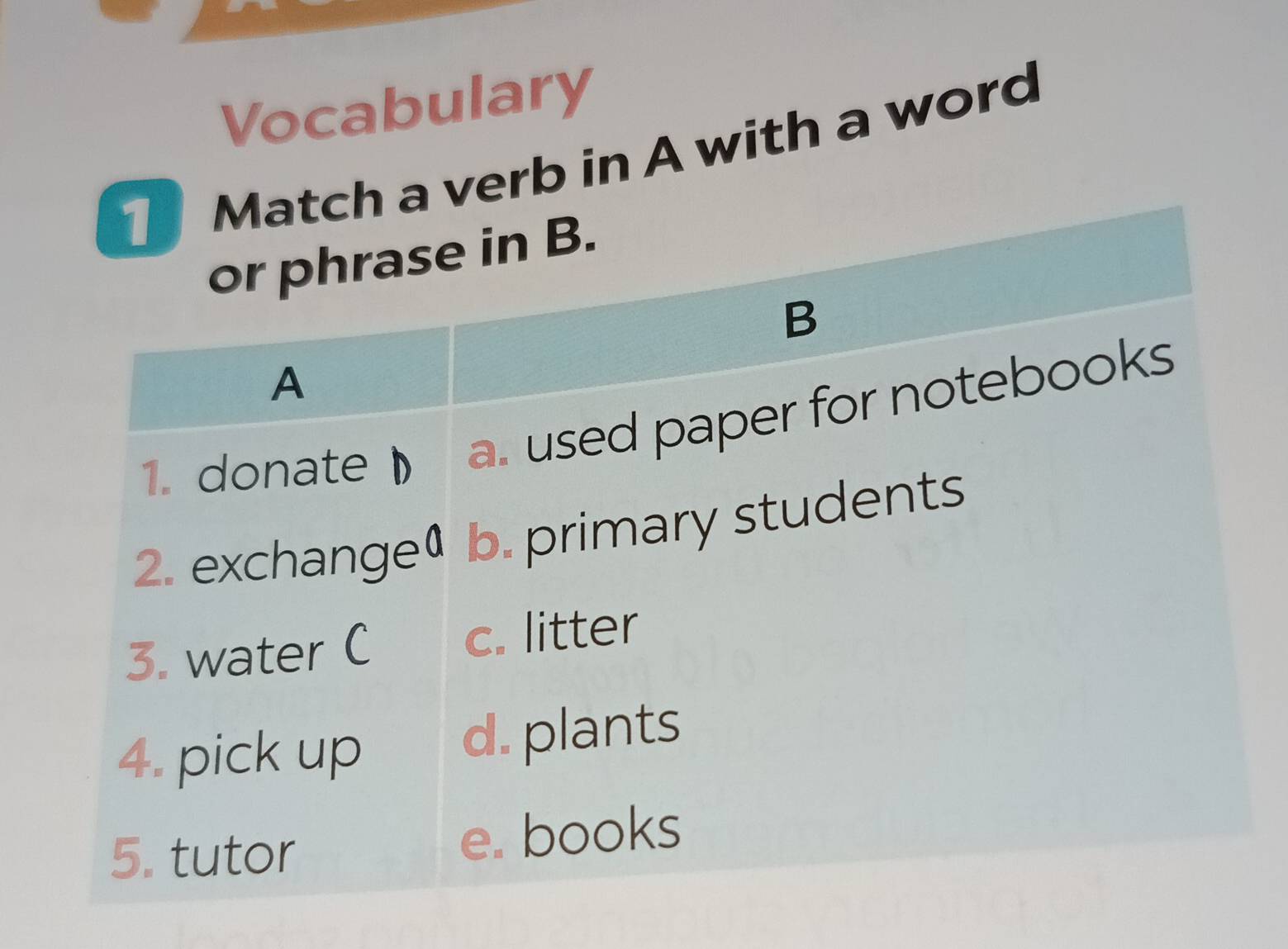 Giải quyết:Vocabulary Match a verb in A with a word or phrase in B. B A ...