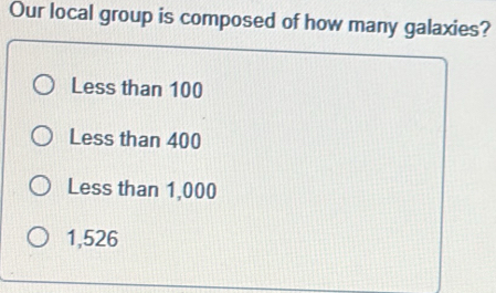 Solved: Our local group is composed of how many galaxies? Less than 100 ...