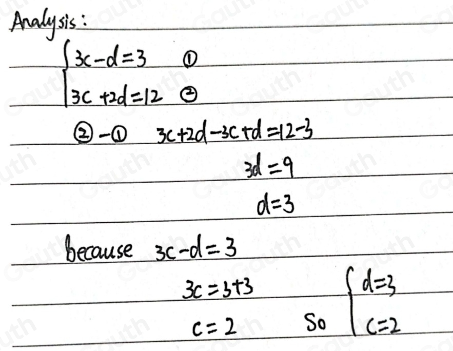 Selesai:3c-d=3 3c+2d=12