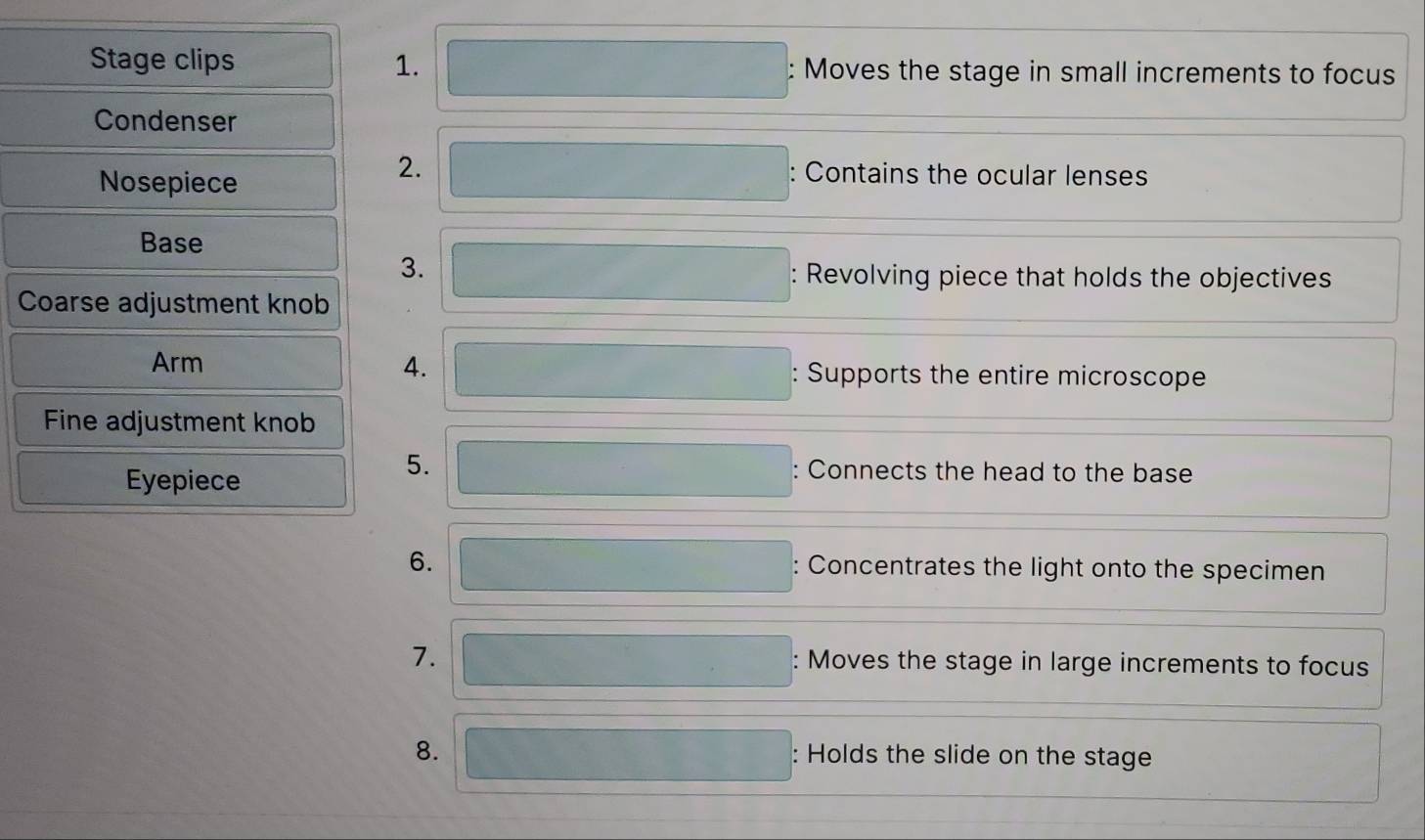 Solved: Stage clips 1. : Moves the stage in small increments to focus ...