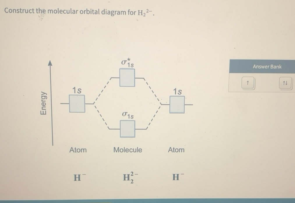 Solved: Construct the molecular orbital diagram for H_2^((2-). sigma ...