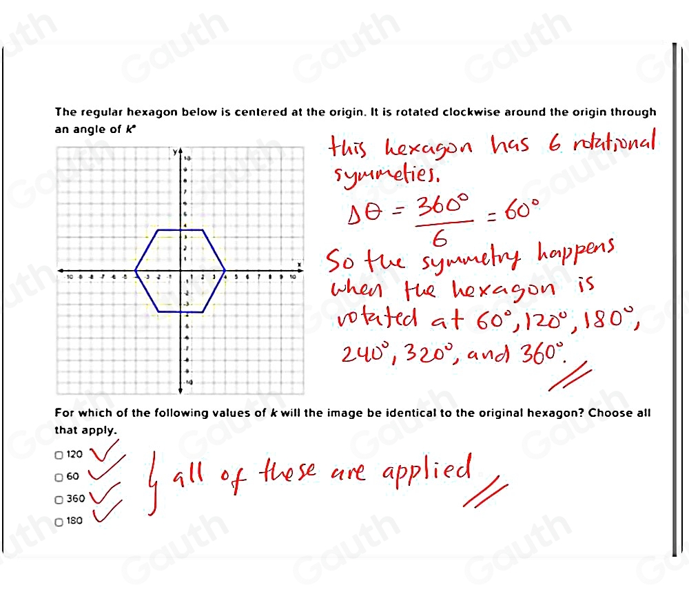 Solved: The regular hexagon below is centered at the origin. It is rotated clockwise around the ...