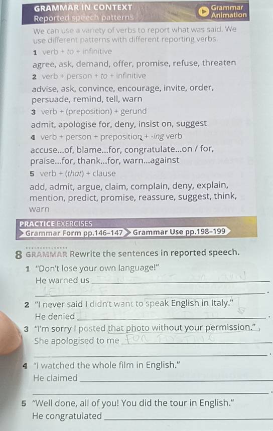 Risolto:GRAMMAR IN CONTEXT Grammar Reported speech patterns Animation ...