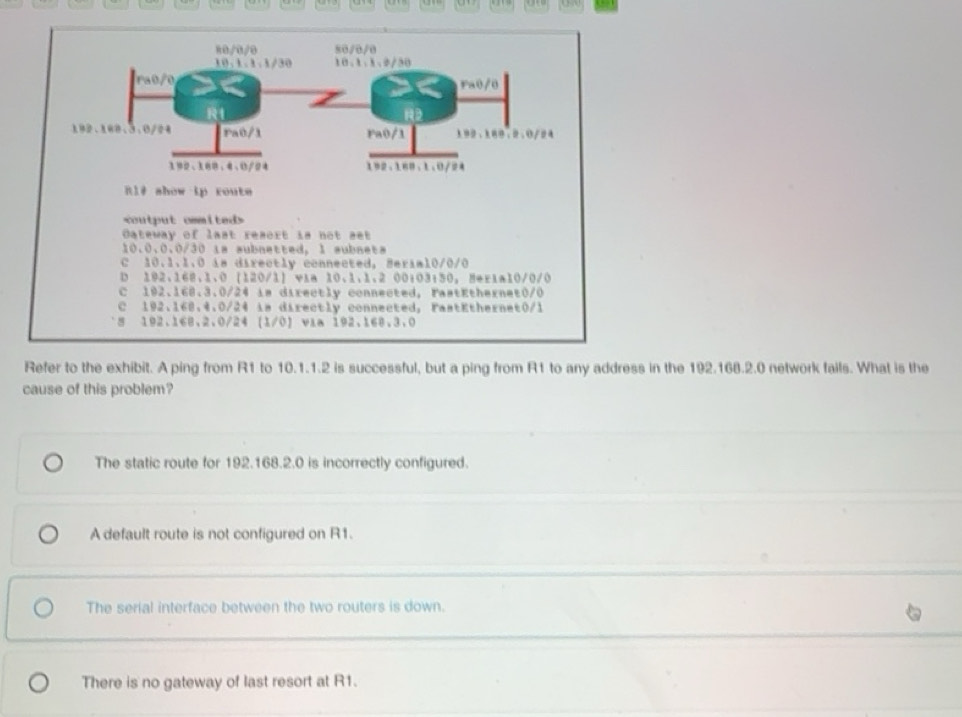 Solved: Refer to the exhibit. A ping from R1 to 10.1.1.2 is successful ...