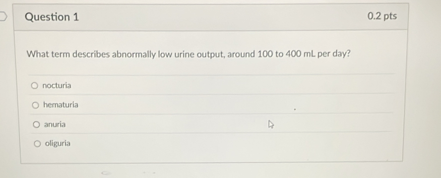 Solved: What term describes abnormally low urine output, around 100 to ...