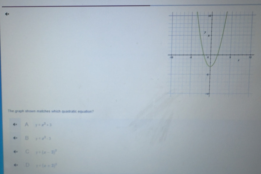 Gelöst:The graph shown matches which quadratic equation? A y=x^3+3 B y ...