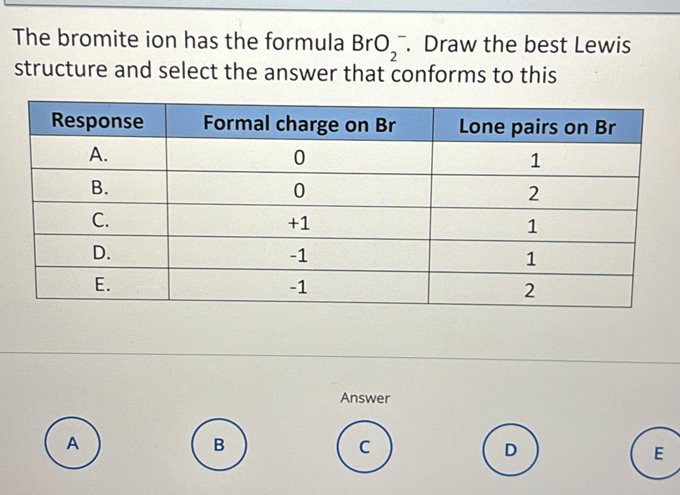 Solved: The bromite ion has the formula BrO_2^-. Draw the best Lewis ...