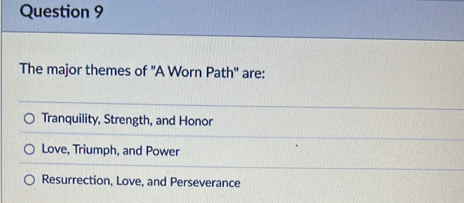 Solved: The major themes of ''A Worn Path'' are: Tranquility, Strength ...