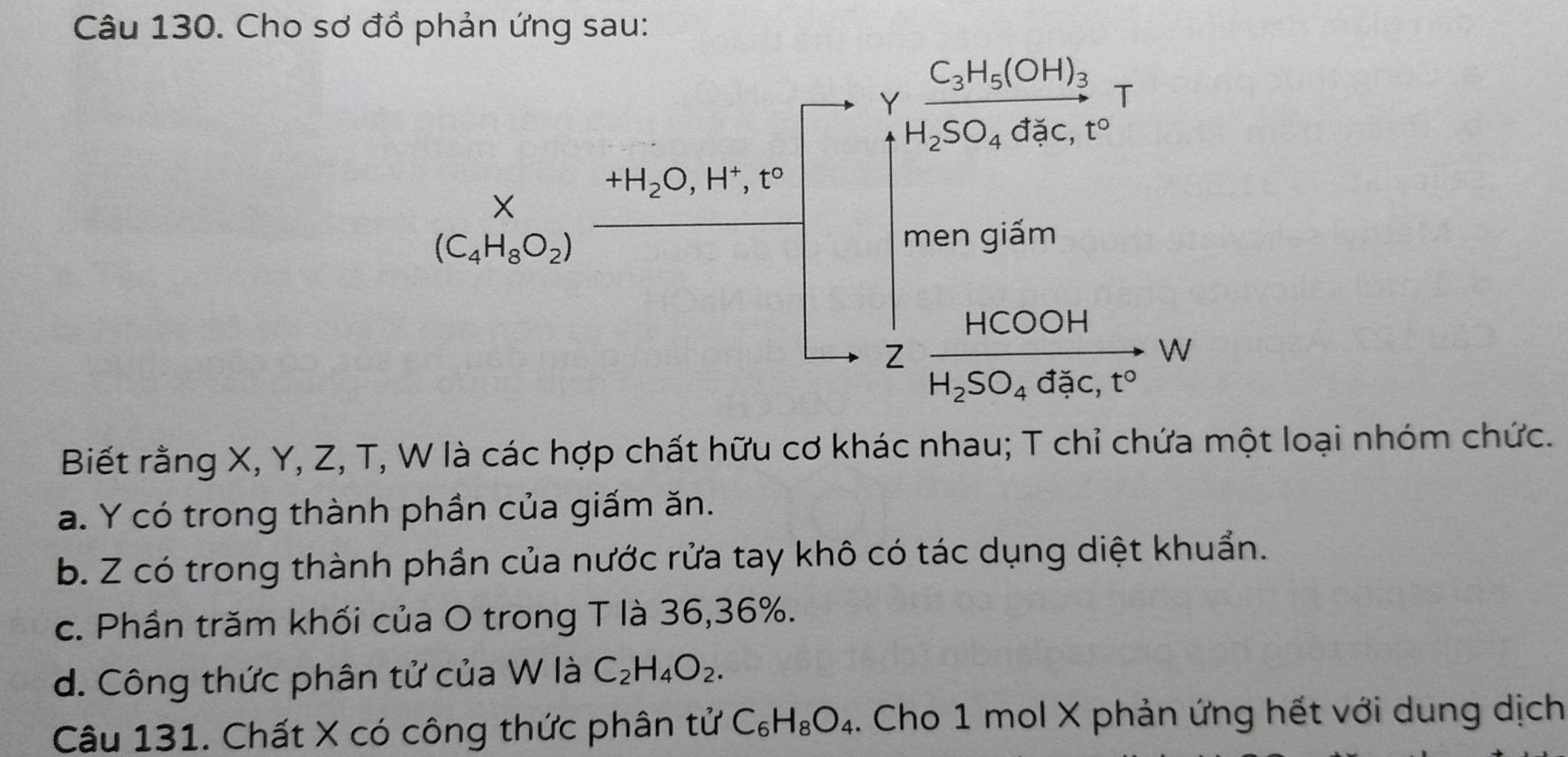 Giải quyết:Cho sơ đồ phản ứng sau: C_3H_5(OH)_3 Y T H_2SO_4dac t° +H_2O ...