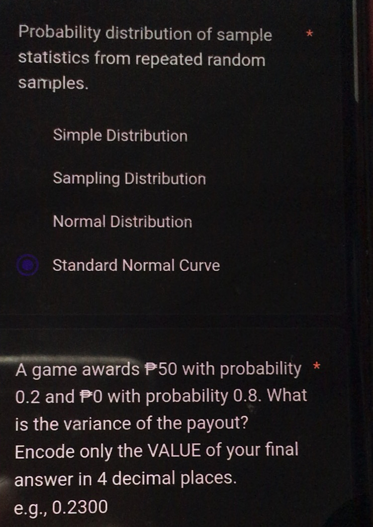 Solved: Probability distribution of sample * statistics from repeated ...
