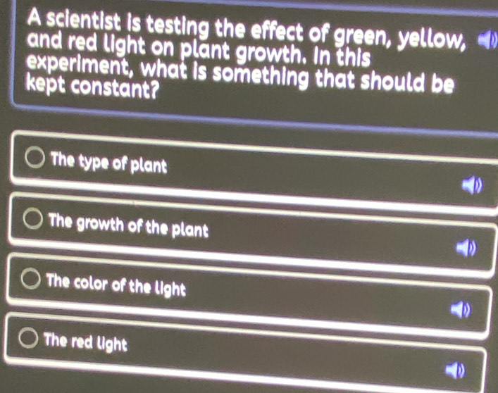 Solved: A scientist is testing the effect of green, yellow, and red ...