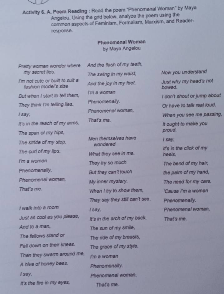 Solved: Activity 6. A. Poem Reading : Read the poem “Phenomenal Woman ...