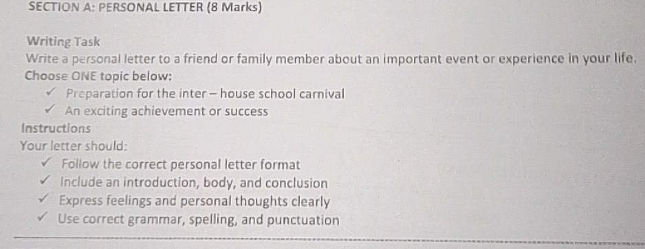 Solved: PERSONAL LETTER (8 Marks) Writing Task Write a personal letter ...