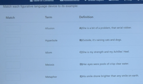 Solved: Match each figurative language device to its example: Match ...