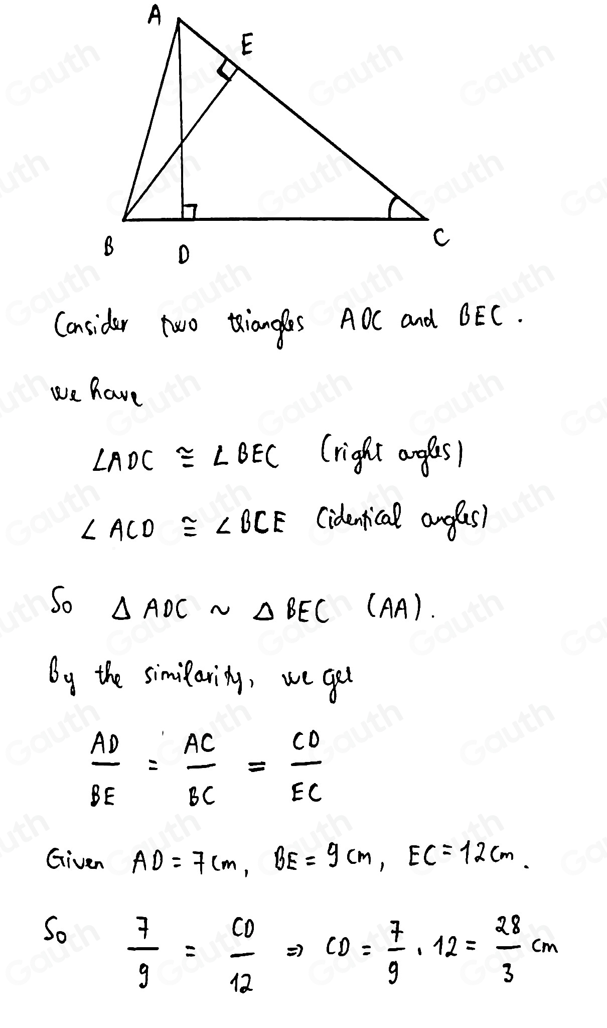 Solved: In ABC , altitudes AD and BE are drawn. The AD =7cm, BE=9cm and EC=12cm then, find the ...