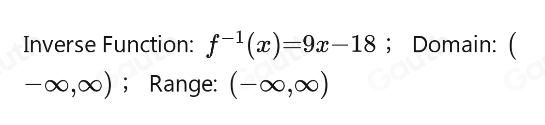 Solved: What is the inverse of the function f(x)= 1/9 x+2 ? h(x)=18x-2 ...