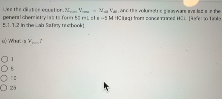 Solved: Use the dilution equation, M_concV_conc=M_dilV_dil , and the ...