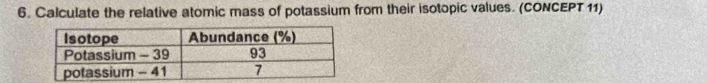 Solved: Calculate the relative atomic mass of potassium from their ...