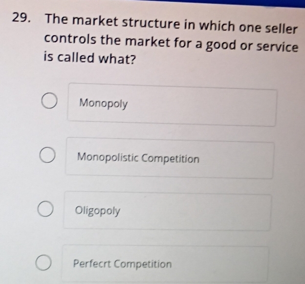 Solved: The market structure in which one seller controls the market ...