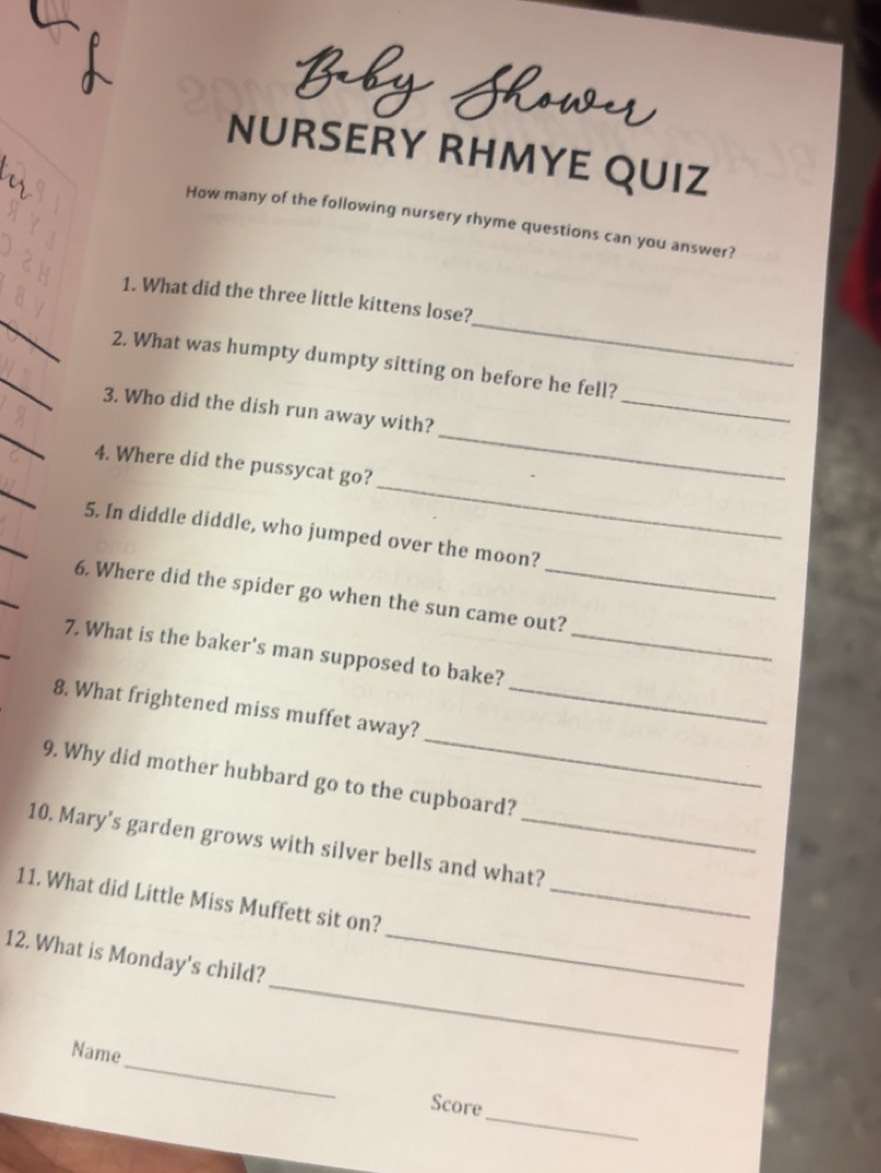 Solved: Shower NURSERY RHMYE QUIZ How many of the following nursery ...