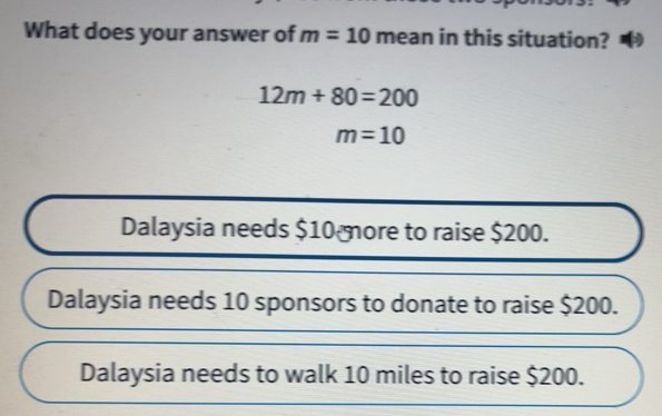 Solved: What does your answer of m=10 mean in this situation? 12m+80 ...