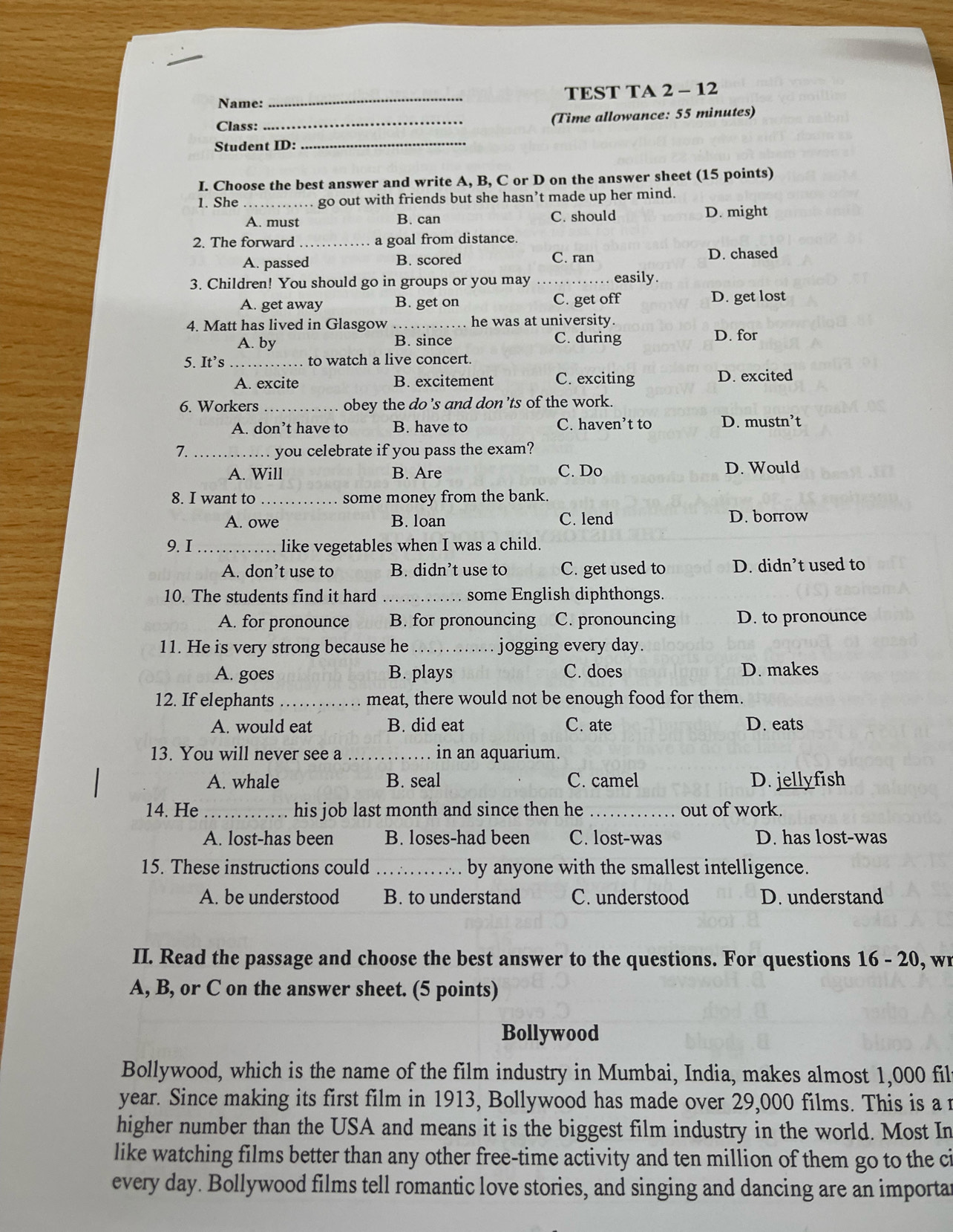 Giải quyết:Name: _TEST TA 2 - 12 Class: _(Time allowance: 55 minutes ...