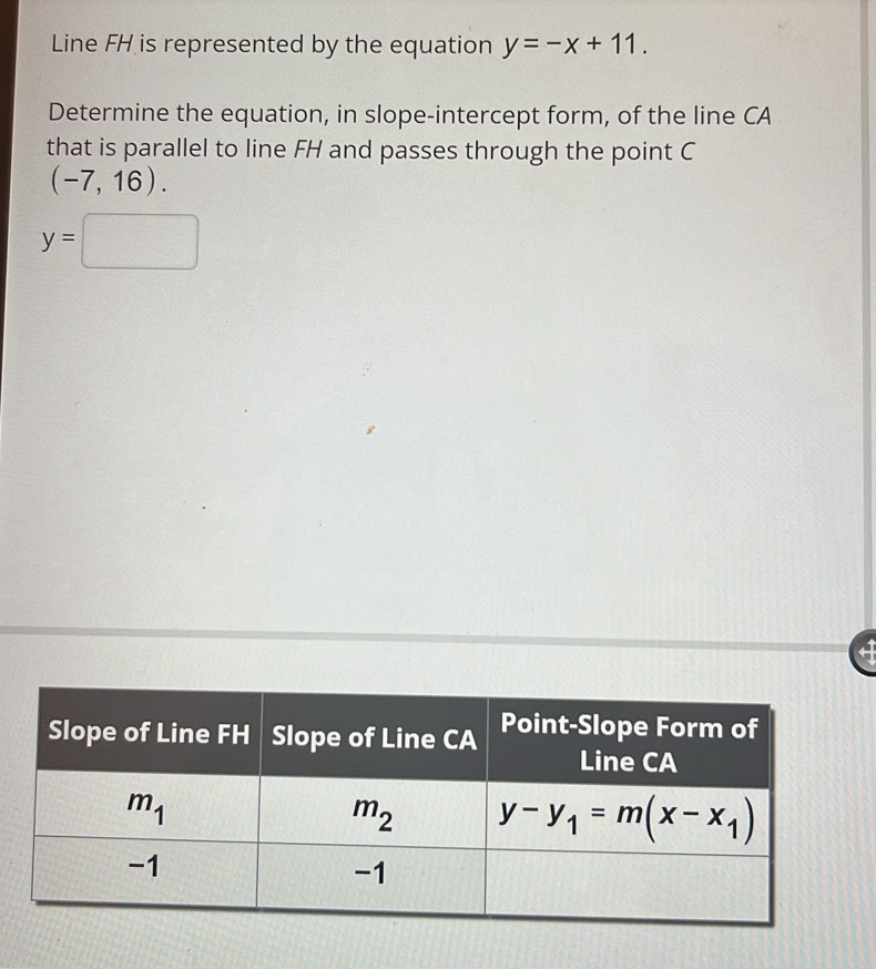 Solved: Line FH is represented by the equation y=-x+11. Determine the ...