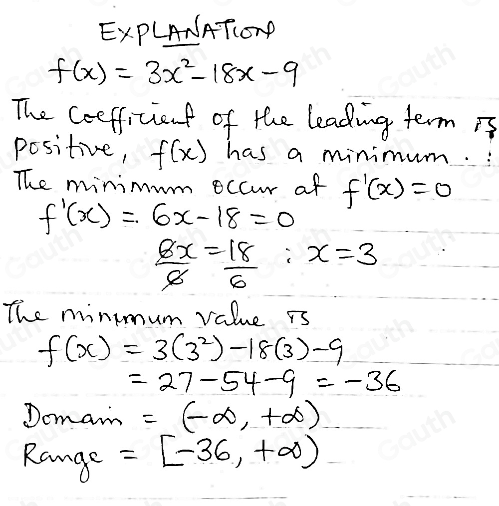 Solved: Consider the function f(x)=3x^2-18x-9. a. Determine, without ...