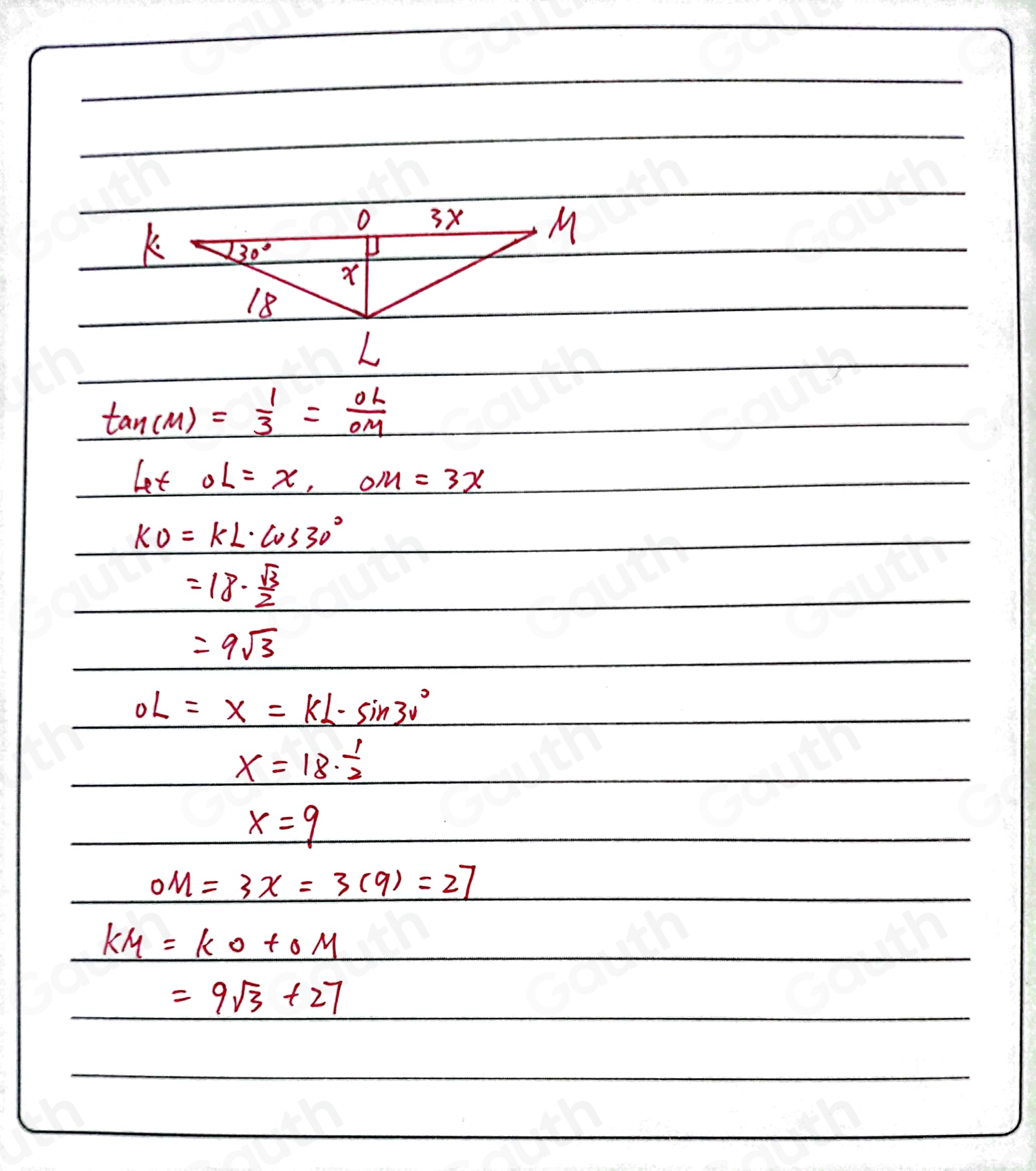 Solved: KLM is a triangle with m(∠ K)=30°. If KL=18units , and tan (M)= 1/3 , then find the ...