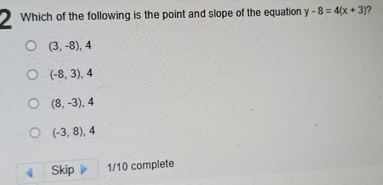 Solved: Which of the following is the point and slope of the equation y ...