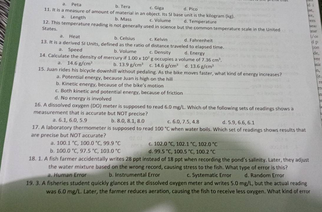 Solved: dì a. Peta b. Tera c. Giga d. Pico se, 11. It is a measure of ...