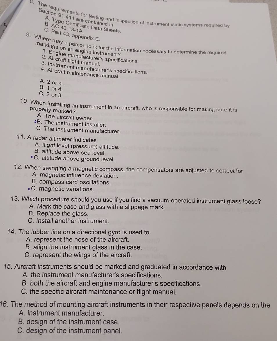 Solved: The requirements for testing and inspection of instrument ...