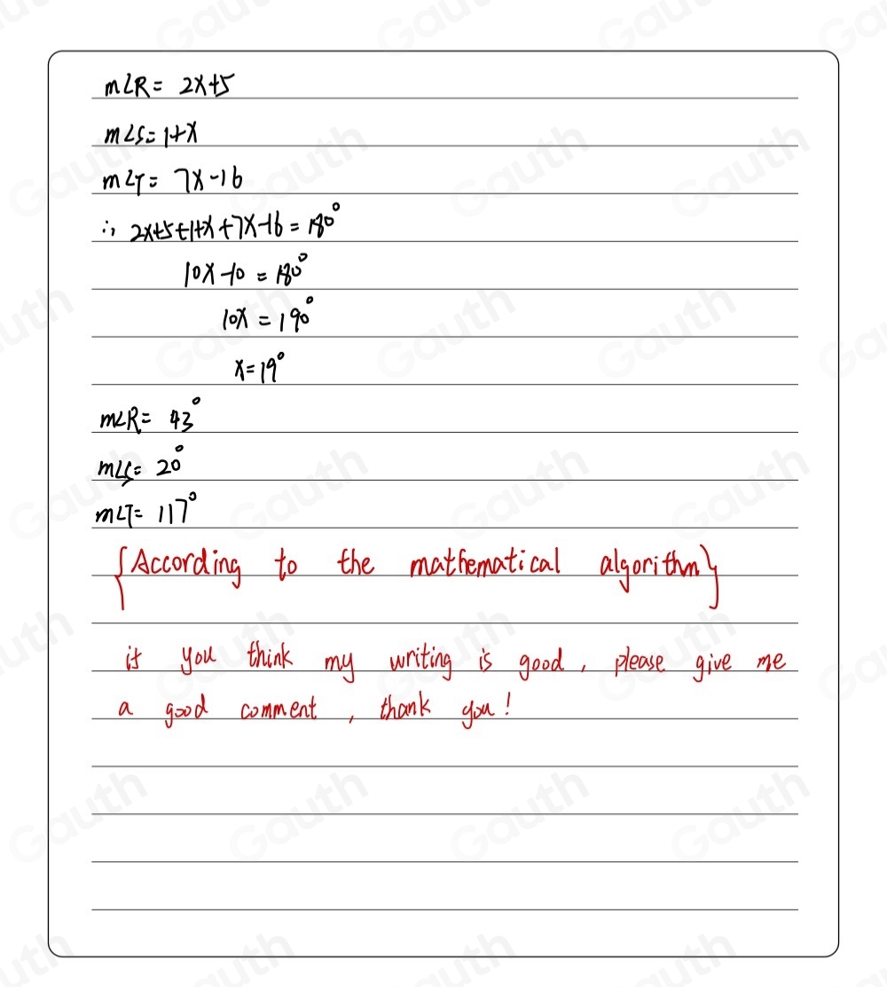 Solved: ln RST, if m∠ R is five more than twice x, m∠ S is one more than x, and m∠ T is sixteen ...