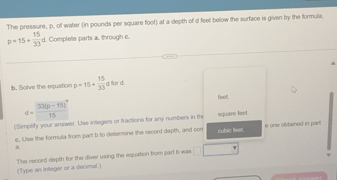 Solved: The pressure, p, of water (in pounds per square foot) at a ...