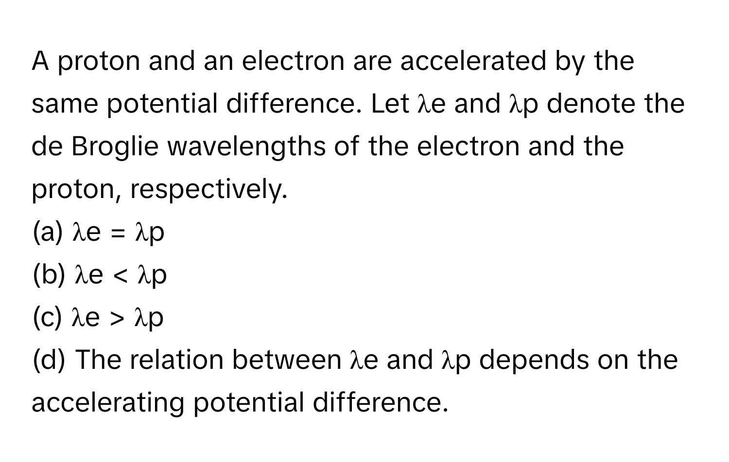 Solved: A proton and an electron are accelerated by the same potential ...