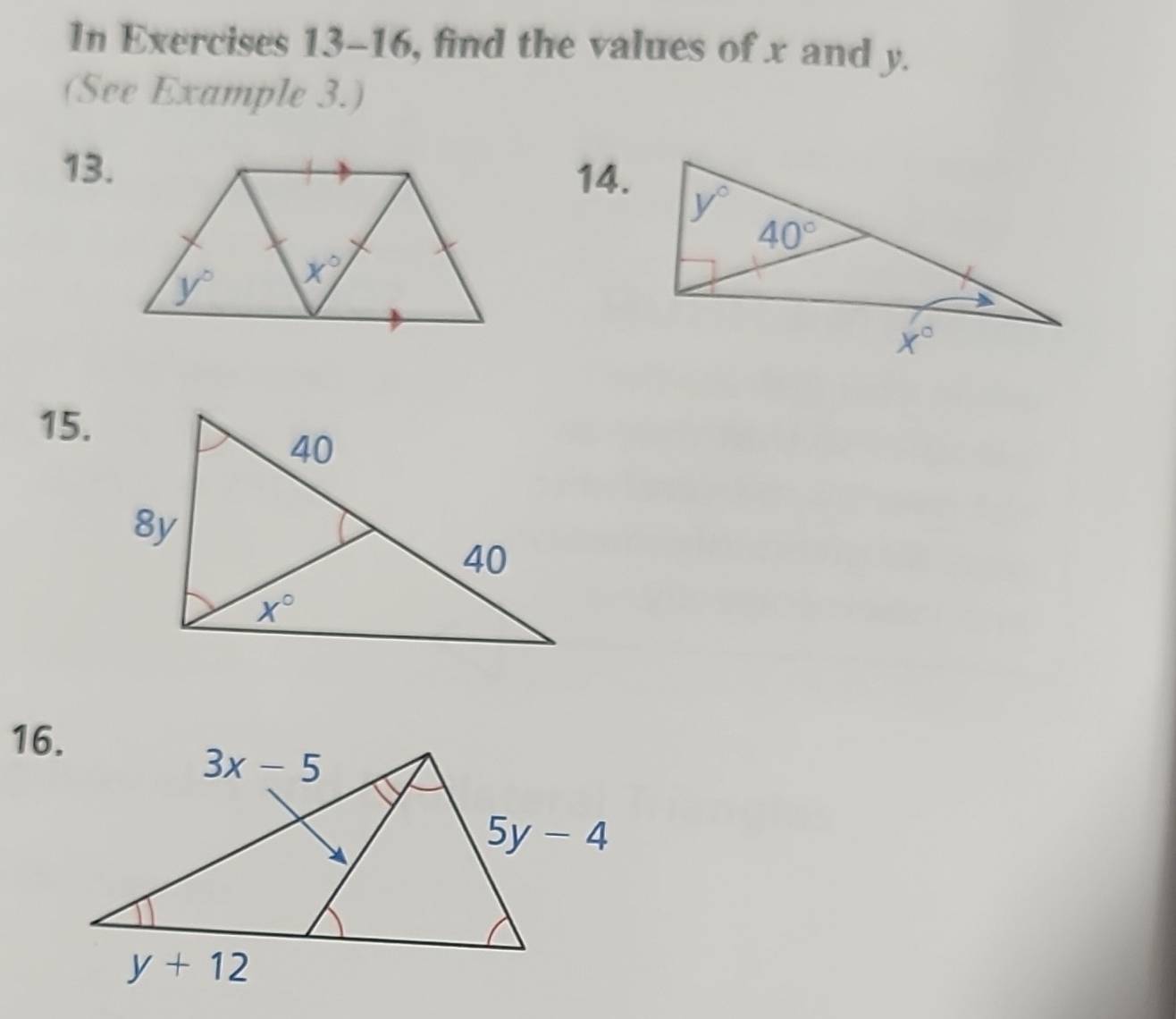 Solved: 1n Exercises 13-16, find the values of x and y. (See Example 3.) 13.14. 15. 16. [Math]