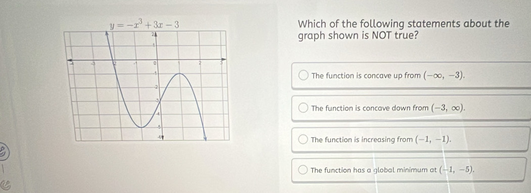 Solved: y=-x^3+3x-3 Which of the following statements about the graph ...