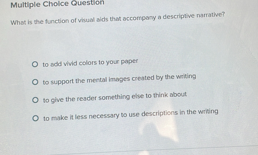 Solved: Question What is the function of visual aids that accompany a ...