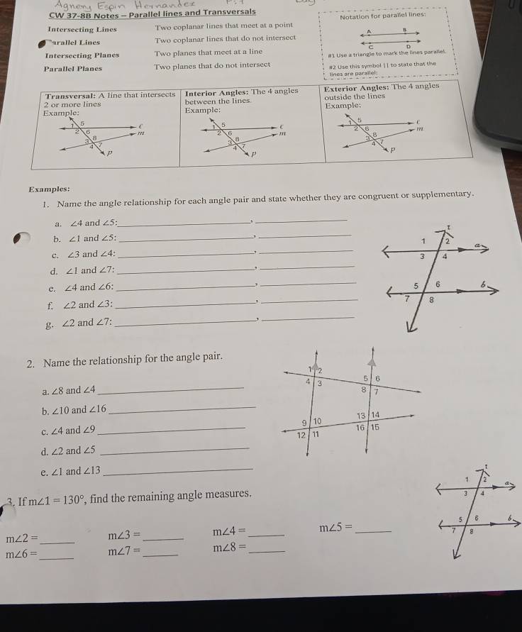 Solved: CW 37-8B Notes - Parallel lines and Transversals Intersecting ...
