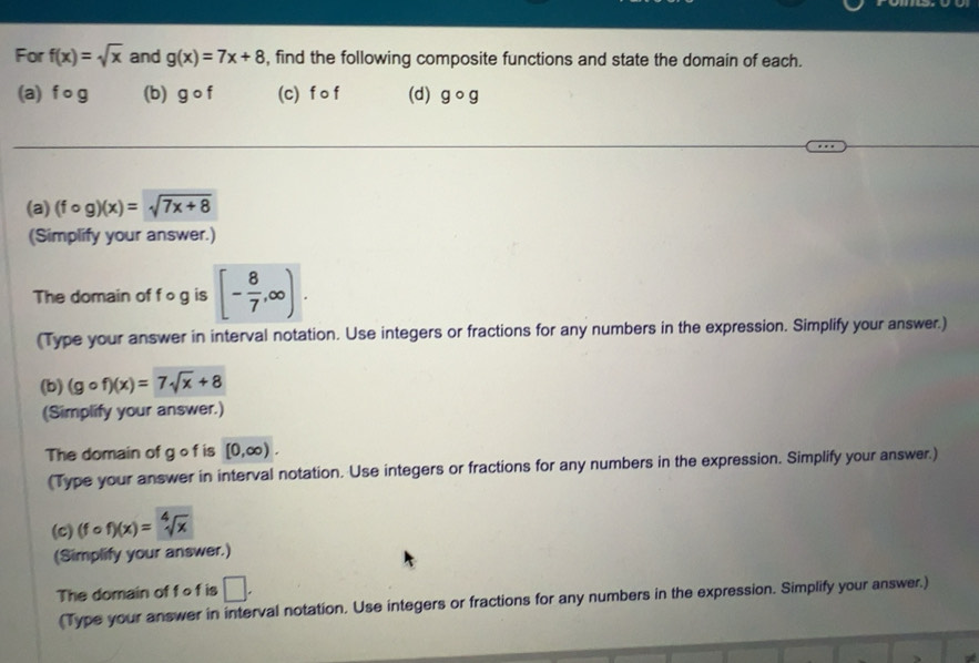 Solved: For f(x)=sqrt(x) and g(x)=7x+8 , find the following composite ...