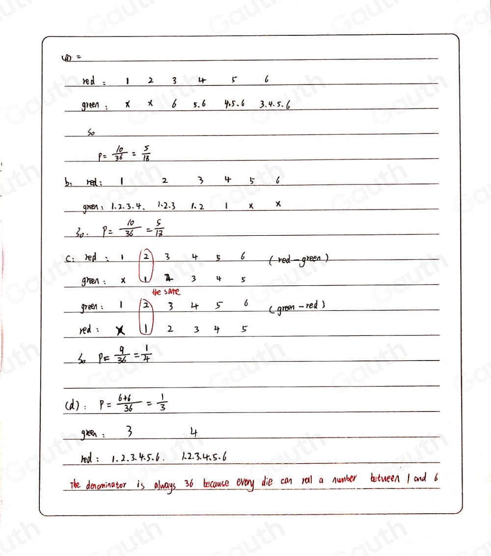 Solved: In a two dice experiment, where one die is red and the other is ...