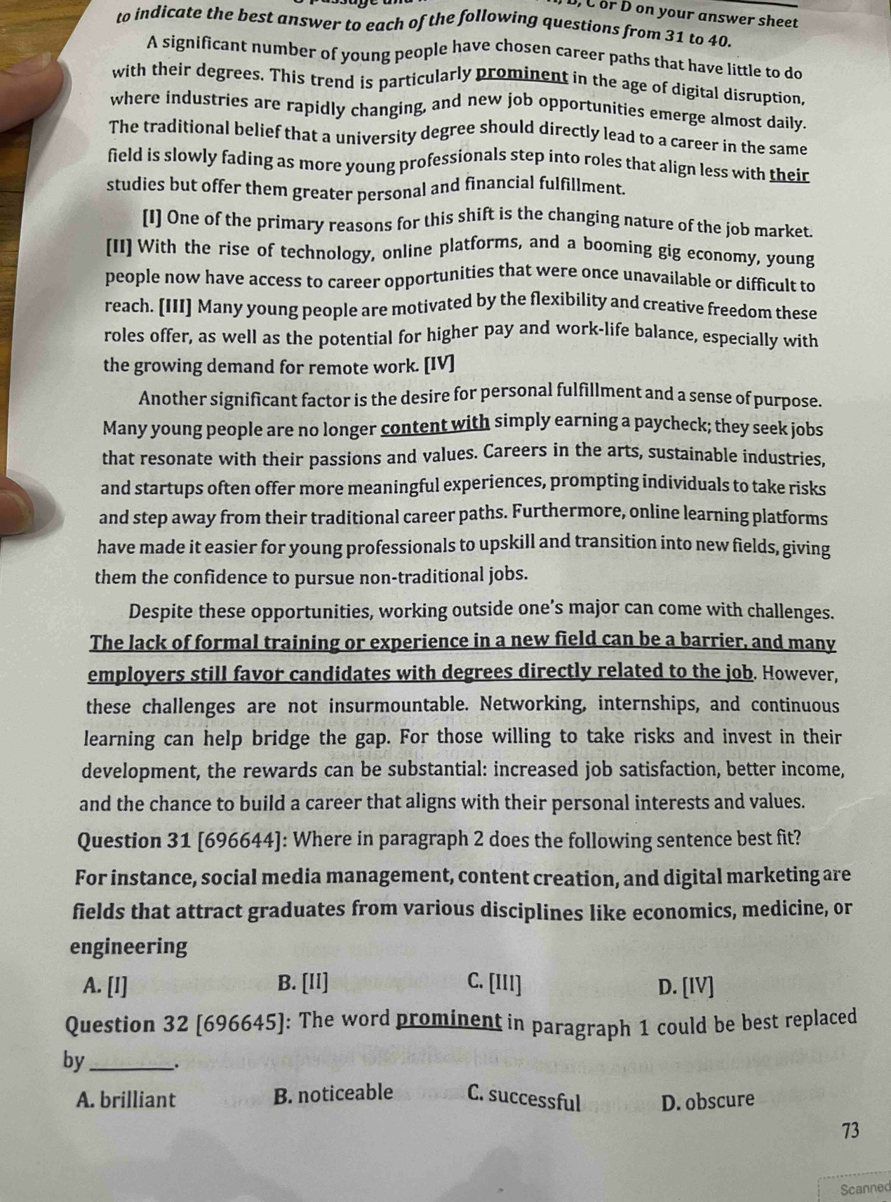 Giải quyết:D, C or D on your answer sheet to indicate the best answer ...
